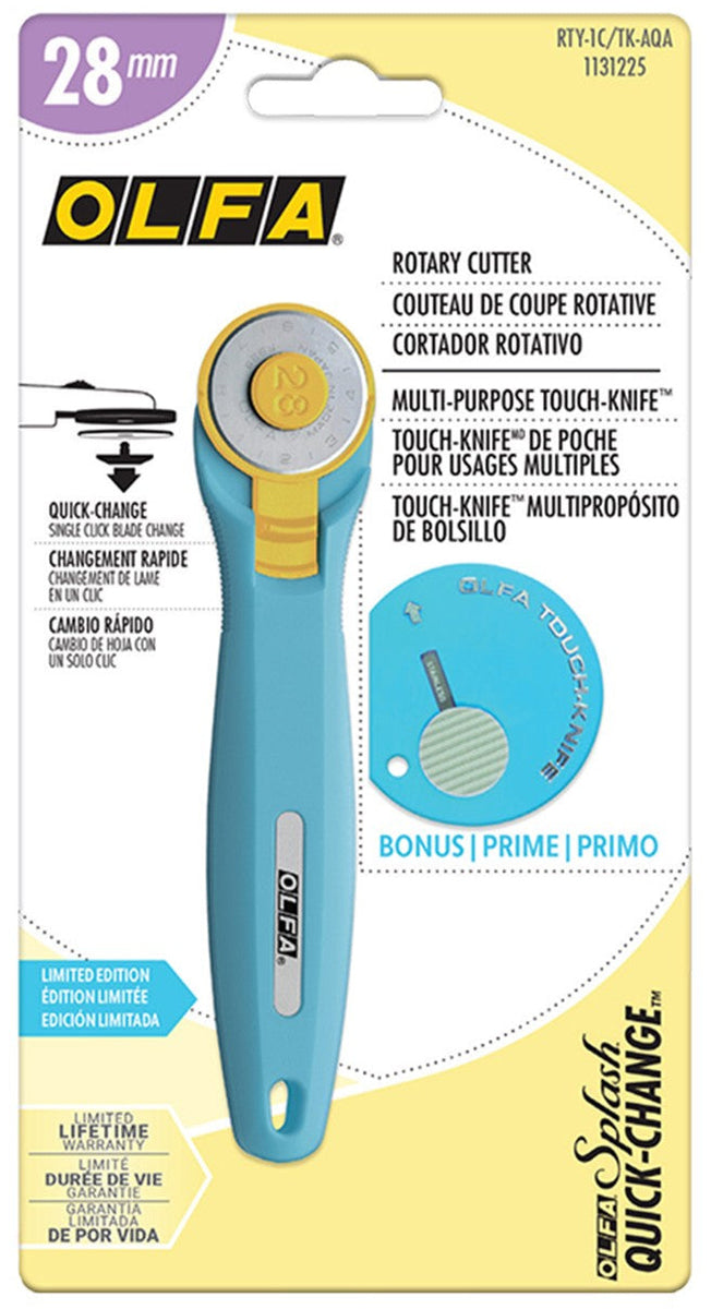 OLFA 28mm Aqua Quick Change Rotary Cutter & Bonus Touch Knife – Quilt in a Day