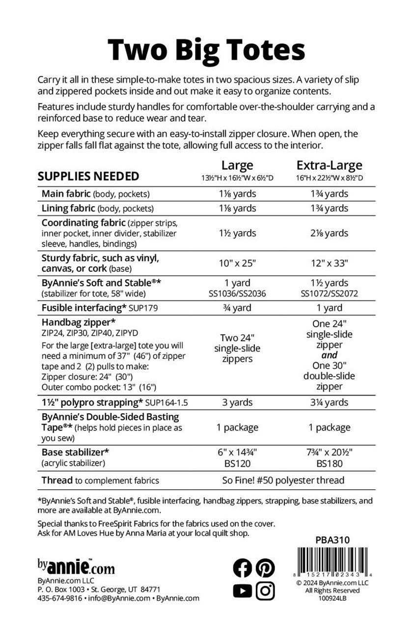 Two Big Totes Pattern - ByAnnie – Quilt in a Day