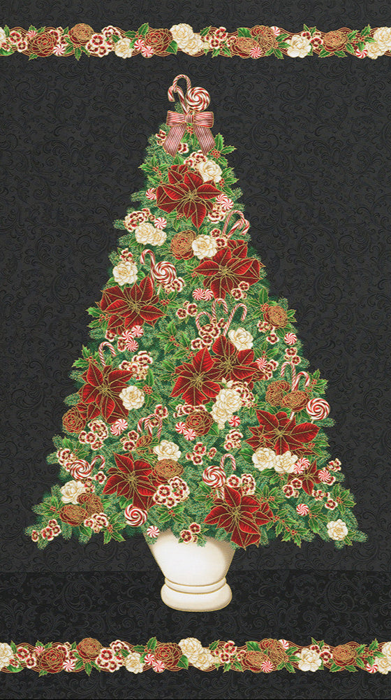 KAUFMAN - Holiday Flourish - Peppermint Twist - PANEL - Metallic - Bla ...